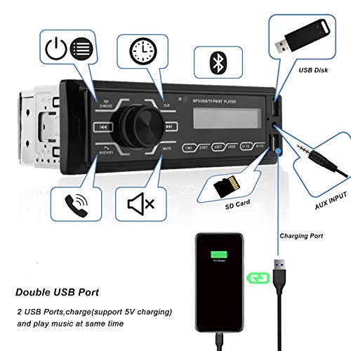 Single Din Car Stereo Receiver with Touch Screen, Car MP3 Multimedia Player USB/SD/AUX Input, Car Audio Bluetooth and Hands-Free Calling,FM Radio,Built-in Microphone,with Double USB Port