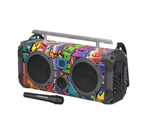 bumpboxx bluetooth portable speaker boombox flare8 nyc graffiti | retro boombox with bluetooth speaker | rechargeable lithium battery | includes wireless microphone, carrying strap & remote control