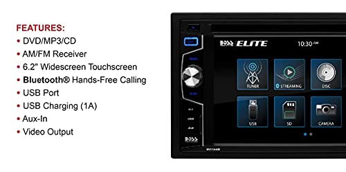 BOSS Audio Systems Elite BV755B Car DVD Player - Double Din, Bluetooth Audio and Calling, 6.2 Inch LCD Touchscreen, MP3 Player, CD, DVD, USB, SD, Auxiliary Input, AM/FM Radio Receiver (Renewed)