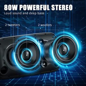 Ortizan 80W Powerful Portable Bluetooth Party Speaker, Extra Deep Bass, Loud 105dB Sound IPX4 Outdoor Wireless Bluetooth Speakers with Dynamic Light Show, Wireless Microphone, 24H Playtime(Black)