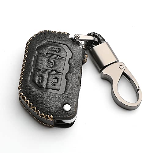 WFMJ Leather for 2018 2019 2020 2021 2022 2023 Jeep Wrangler JL Gladiator JT JLU Remote Flip 4 Buttons Key Fob Case Cover Chain (Black)