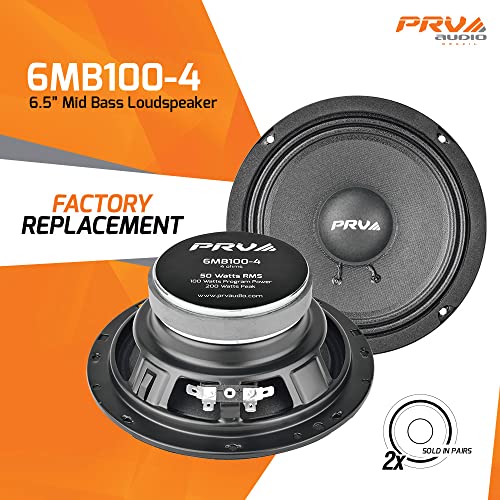 PRV AUDIO 6MB100-4 Pair of 6.5 Inch Midbass Speaker for Pro Car Audio, 4 Ohm, 50 Watts RMS Power, 200 Watts Max Power Mid Bass Factory Replacement Loudspeaker (Pair)