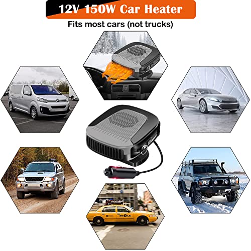 Auto Heater Fan,12V 150w Car Heater Portable Windshield Defogger and Defroster Fast Heating with Cigarette Lighter Plug 360 Degree Rotary Base Cooling Fans(Gray)