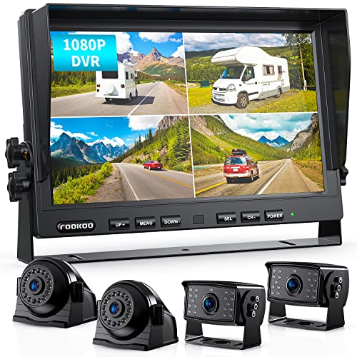 Fookoo Ⅱ 10" 1080P Wired Backup Camera System Kit,10" HD Quad Split Screen Monitor with Recording IP69 Waterproof Rear View Side View Camera Parking Lines for Truck/Semi-Trailer/Box Truck/RV(DY104)