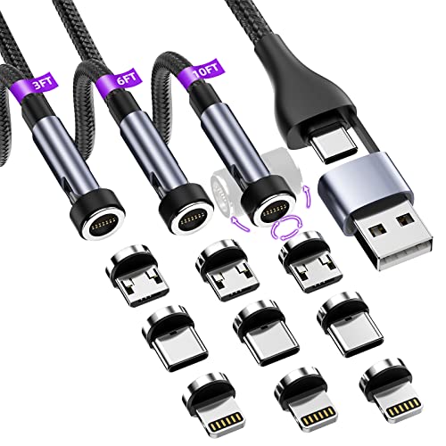 360°&180° Rotation Magnetic Charging Cable, 5 in 1 Magnetic Phone Charger Cable 3-Pack [3ft/6ft/10ft] Fast Charging Cable Support Data Transfer Nylon-Braided Cord for iPhone/Micro USB/Type C -Black