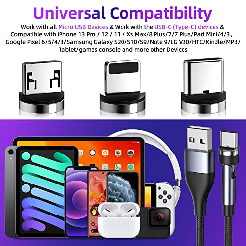 360°&180° Rotation Magnetic Charging Cable, 5 in 1 Magnetic Phone Charger Cable 3-Pack [3ft/6ft/10ft] Fast Charging Cable Support Data Transfer Nylon-Braided Cord for iPhone/Micro USB/Type C -Black