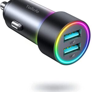 Car Charger, TOLLEFE 24W 4.8A Dual Port Cigarette Lighter Fast USB Car Charger RGB LED Light Car Charger Adapter Compatible with iPhone 14 Pro Max/13/12/11,Samsung S22/S21/S10/S9/S8