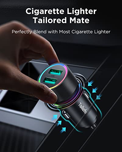 Car Charger, TOLLEFE 24W 4.8A Dual Port Cigarette Lighter Fast USB Car Charger RGB LED Light Car Charger Adapter Compatible with iPhone 14 Pro Max/13/12/11,Samsung S22/S21/S10/S9/S8