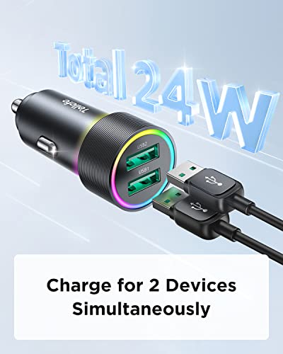 Car Charger, TOLLEFE 24W 4.8A Dual Port Cigarette Lighter Fast USB Car Charger RGB LED Light Car Charger Adapter Compatible with iPhone 14 Pro Max/13/12/11,Samsung S22/S21/S10/S9/S8