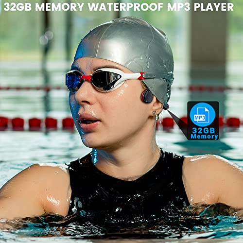 Waterproof Bone Conduction Headphones for Swimming, IPX8 Waterproof 32GB MP3 Player Wireless Bluetooth 5.3 Open-Ear Swimming Headphones with Mic Call for Swimming Skiing Driving Bicycling(Red)