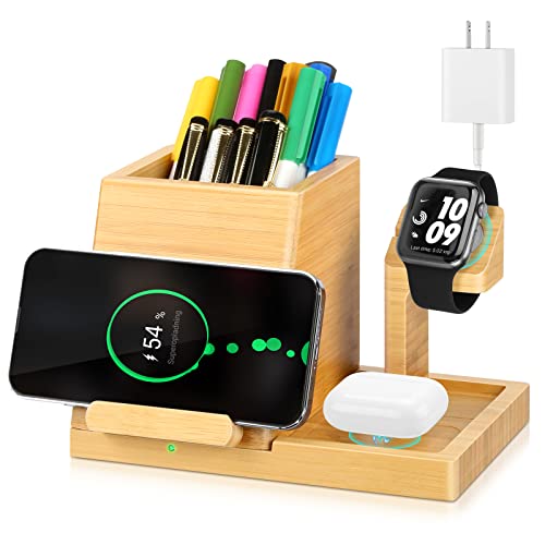 Bamboo Wireless Charging Station 3 in 1 Charging Dock with Pen Cup, OthoKing Fast Wireless Charger Stand Pencil Holder Compatible with iPhone 14/13/12 Pro Max, AirPods,iWatch(No Watch Charging Cable)