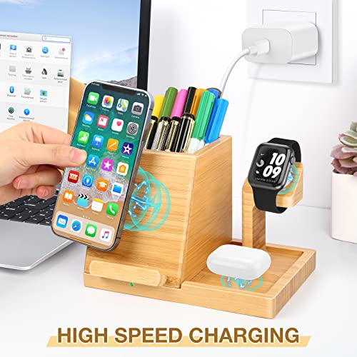 Bamboo Wireless Charging Station 3 in 1 Charging Dock with Pen Cup, OthoKing Fast Wireless Charger Stand Pencil Holder Compatible with iPhone 14/13/12 Pro Max, AirPods,iWatch(No Watch Charging Cable)