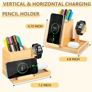 Bamboo Wireless Charging Station 3 in 1 Charging Dock with Pen Cup, OthoKing Fast Wireless Charger Stand Pencil Holder Compatible with iPhone 14/13/12 Pro Max, AirPods,iWatch(No Watch Charging Cable)