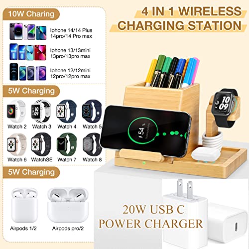 Bamboo Wireless Charging Station 3 in 1 Charging Dock with Pen Cup, OthoKing Fast Wireless Charger Stand Pencil Holder Compatible with iPhone 14/13/12 Pro Max, AirPods,iWatch(No Watch Charging Cable)