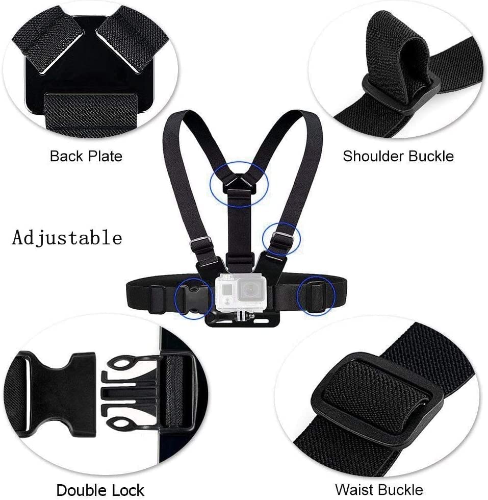 Adjustable Chest Mount Harness Chest Strap Belt for GoPro Hero10, Hero 9, Hero 8, Hero 7 Black, 7 Silver, 7 White, Hero 6, 5, 4, Session, 3+, 3, 2, 1, Hero (2018), 360 Degree Rotate Adapter Holder