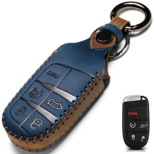 Leather Car Key Fob Cover Compatible with Jeep Keyless Remote Control Grand Cherokee Dodge Challenger Charger Dart Durango Journey Chrysler 200 300 Fiat etc (A Style, Blue)