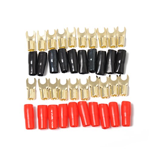 Wakauto 10 Pairs Copper Gold Plated 8 Gauge Strip Spade Terminal Spade Fork Adapters Connectors Plugs Crimp Barrier Spades for Speaker Wire Cable Terminal Plug