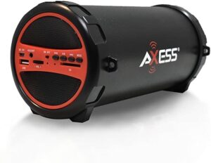 axess spbt1031 portable bluetooth indoor/outdoor 2.1 hi-fi cylinder loud speaker with built-in 3″ sub and sd card, usb, aux inputs in red