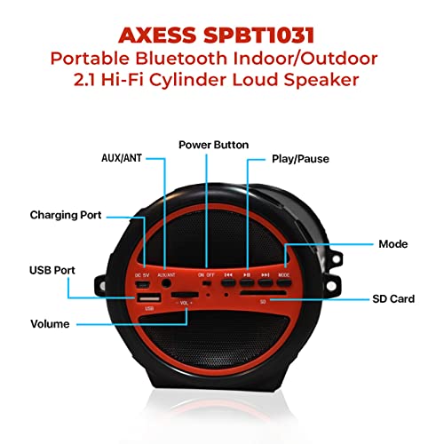 Axess SPBT1031 Portable Bluetooth Indoor/Outdoor 2.1 Hi-Fi Cylinder Loud Speaker with Built-in 3" Sub and SD Card, USB, AUX Inputs in Red