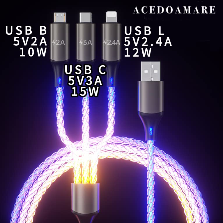 ACEDOAMARE LED Flowing Charging Cable Fast Charging Phone Charger USB C L Cable Charging Transfer Data Laptop/Tablet/Mobile Phone/Car PD Compatible (3 in 1, 3 in 1)