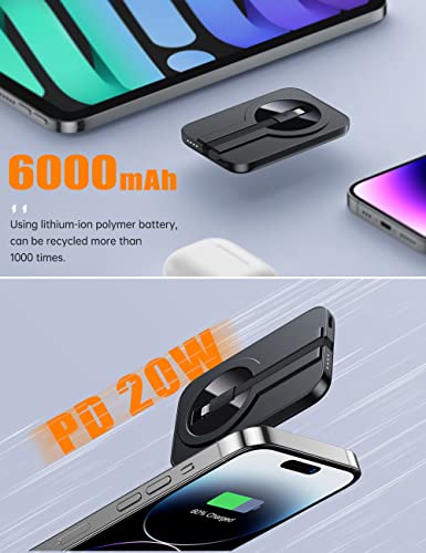 EMNT Mini Magnetic Portable Charger for iPhone,6000mAh Clutch Power Bank with Built-in Cable/Metal Stand, Battery Pack Compatible with iPhone 14/14 Plus/Pro Max/13/12/11/XS/XR/X/8/7/6/6s/5 and More.