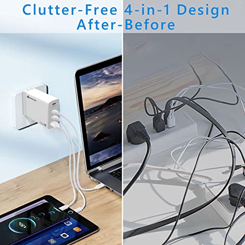 100W USB C Charger, GaN Charger 4 Port USB iphone Wall Charger Fast Charging Block Type C Power Adapter Compatible with MacBook Pro/Air USB C Laptop iPhone 14/13 iPad Pro Galaxy etc(5ft Type C Cable)