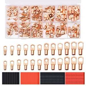 170pcs battery cable closed end and 210pcs heat shrink tubing, copper battery cable ends for automotive supplies awg 4, awg 6, awg 8, awg 10, awg 12