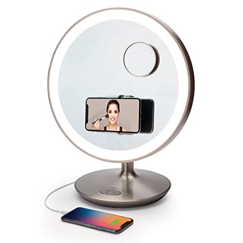 iHome Beauty Glow Ring XL 13" Makeup Mirror with Bluetooth Speaker, Speakerphone, USB Charging, Removable Phone Mount, Rechargeable Battery and 3 LED Color Modes