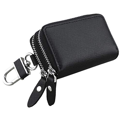 Genuine Leather Double Zipper Key Case,MoreChioce Durable Car Keychain Case with Hook Portable Keyring Case Multifunctional Mini Coin Pocket,Black