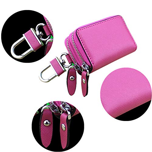 Genuine Leather Double Zipper Key Case,MoreChioce Durable Car Keychain Case with Hook Portable Keyring Case Multifunctional Mini Coin Pocket,Black