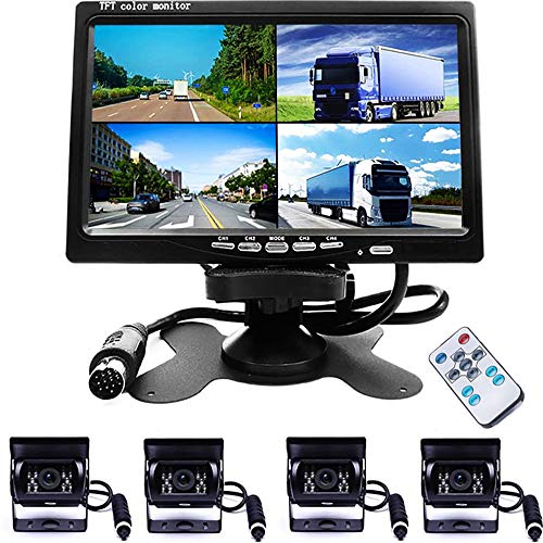 Camecho Vehicle Backup Camera 7 Inch 4 Split Monitor+ 4 Cameras with Front View, Rear View 18 IR Night Vision Waterproof Auto Camera with 2x33 ft and 2x65ft Cables for Trucks, RV, Trailer, Bus