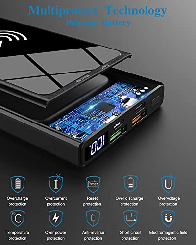 Wireless Portable Charger, 22.5W PD20W QC3.0 15W Fast Charging 10000mAh Power Bank LED Display, External Battery Pack, 2 Inputs and 4 Outputs(Qi & USB C) for iPhone Samsung Huawei iPad Headset etc