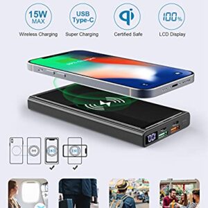 Wireless Portable Charger, 22.5W PD20W QC3.0 15W Fast Charging 10000mAh Power Bank LED Display, External Battery Pack, 2 Inputs and 4 Outputs(Qi & USB C) for iPhone Samsung Huawei iPad Headset etc