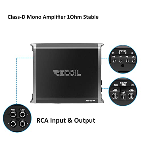 Recoil RED600-1 1320 Watts Class-D Car Audio Mono-Block Subwoofer Amplifier, 1 Ohm Stable, Remote Bass Knob Included