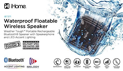 iHome iBT371 Weather Tough Portable Rechargeable Bluetooth Speaker with Speakerphone and LED Accent Lighting (Mini)