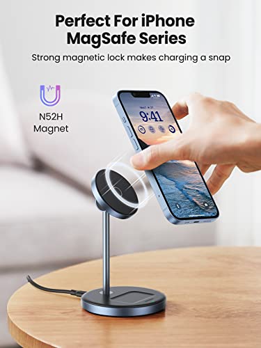 UGREEN 2-in-1 Magnetic Wireless Charging Station, Compatible with MagSafe Charging Stand, Wireless Charger with 3 FT USB-C Cable for iPhone 14/13/12 Series and AirPods Series (No AC Adapter)