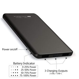 Attom Tech Triple USB Outputs Super Slim Power Bank Ultra Thin, 5000mAh Mini Portable Charger External Phone Battery Pack Small Dual USB Outlet, Emergency Phone Power Backup