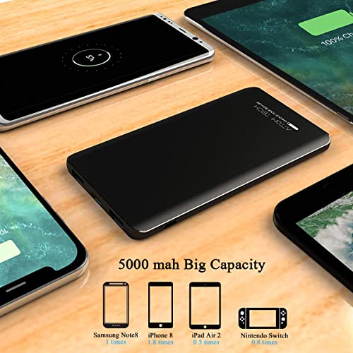 Attom Tech Triple USB Outputs Super Slim Power Bank Ultra Thin, 5000mAh Mini Portable Charger External Phone Battery Pack Small Dual USB Outlet, Emergency Phone Power Backup