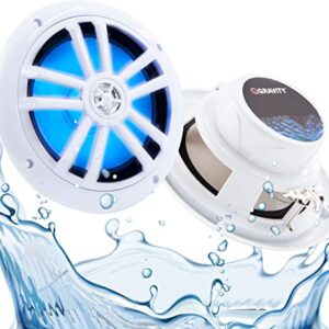 Gravity Marine Speakers - 6.5 Inch 2 Way Waterproof and Weather Resistant Outdoor Audio Stereo Sound System with LED Lights, 350 Watt Power and Low Profile Slim Style - 1 Pair - MG680 (White)