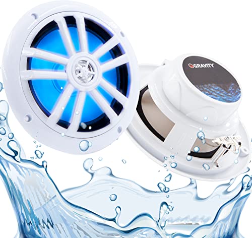 Gravity Marine Speakers - 6.5 Inch 2 Way Waterproof and Weather Resistant Outdoor Audio Stereo Sound System with LED Lights, 350 Watt Power and Low Profile Slim Style - 1 Pair - MG680 (White)