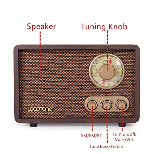 LoopTone FM AM Radio Retro Wood Radio with Bluetooth Play Mp3 and Antenna Built in Speaker for Kitchen Living Room