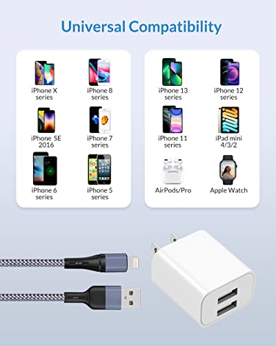 iPhone Charger, [Apple MFi Certified] 2-Pack 10FT Long Braided Lightning Cable Fast Charging Cord and Dual Port USB Wall Charger Block Plug Adapter for iPhone 14/13/12/Pro Max/11/XR/XS/X/8/7/6/SE,iPad