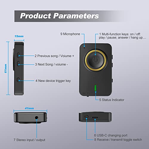 Bluetooth Transmitter Receiver for TV Wireless Headphones, ZDMYY 2-in-1 Bluetooth AUX Adapter Pairs 2 Devices, Bluetooth Audio Adapter for Home Stereo/Car/Airplane/Boat/Gym/MP3/MP4/DVD, Built-in Mic