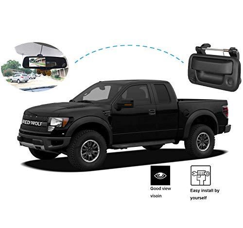 RED WOLF Black Tailgate Handle W/Rear View Reverse Backup Camera + 7 Inch LCD Backup Monitor Kit Removable Parking Line for Ford 2004-2014 F150/ 2009-2016 F250/F350 Pickup Trucks