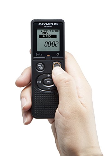 Olympus VN-541PC digital voice recorder with one-touch recording, noise-cancellation function, 4GB memory, four scenes recording, includes a micro-USB cable.