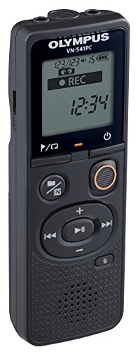 Olympus VN-541PC digital voice recorder with one-touch recording, noise-cancellation function, 4GB memory, four scenes recording, includes a micro-USB cable.