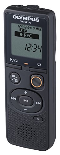 Olympus VN-541PC digital voice recorder with one-touch recording, noise-cancellation function, 4GB memory, four scenes recording, includes a micro-USB cable.