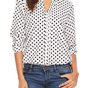 Andongnywell Women's V Neck Dot Printed Blouse Long Sleeve Shirt Office Work Roll Sleeves Blouse Shirts Tops Tunics (White,3,Large)