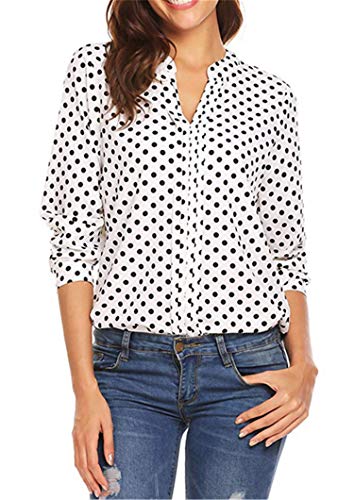 Andongnywell Women's V Neck Dot Printed Blouse Long Sleeve Shirt Office Work Roll Sleeves Blouse Shirts Tops Tunics (White,3,Large)