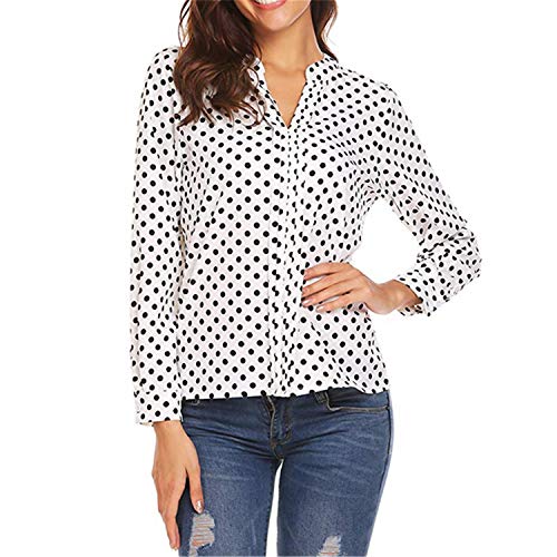 Andongnywell Women's V Neck Dot Printed Blouse Long Sleeve Shirt Office Work Roll Sleeves Blouse Shirts Tops Tunics (White,3,Large)